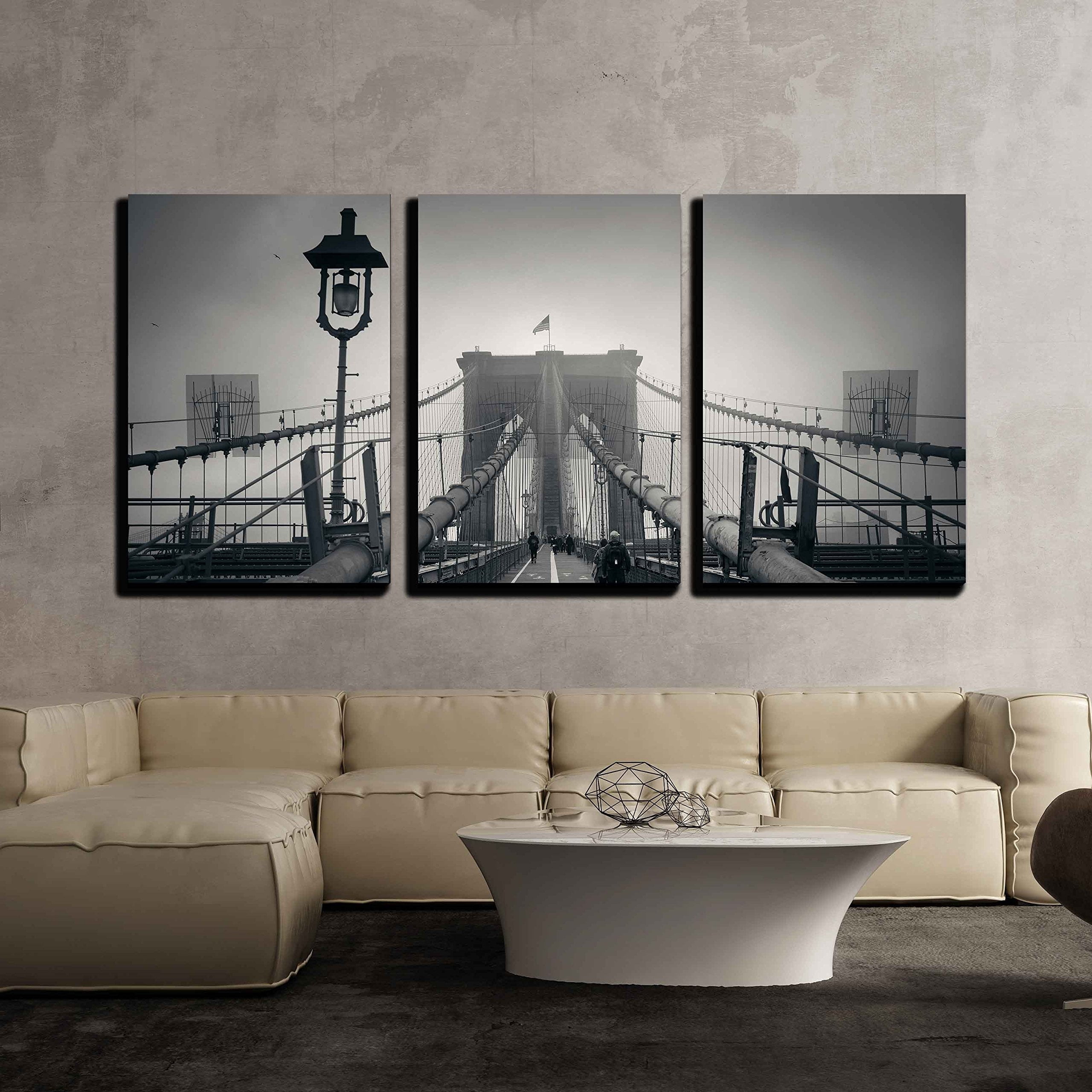 wall26 - 3 Piece Canvas Wall Art - Walk on Brooklyn Bridge in a Foggy ...