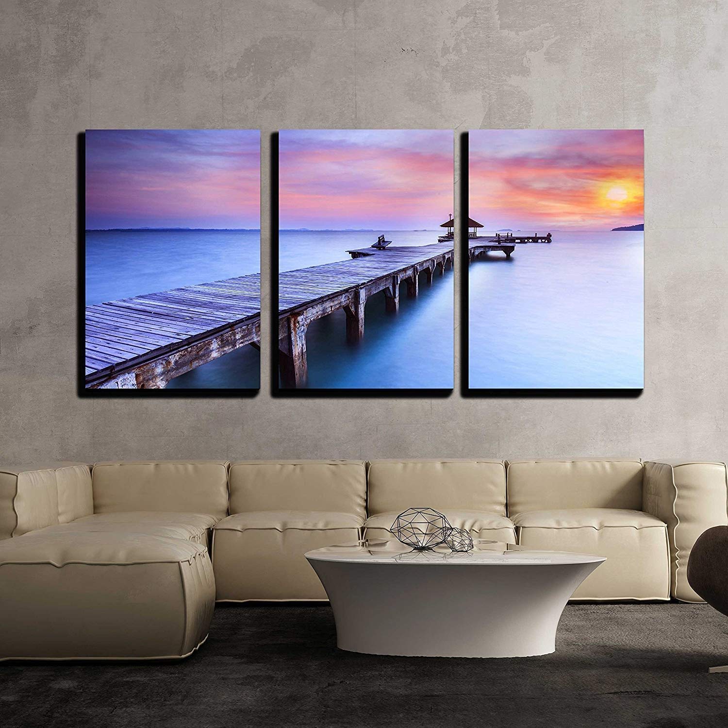 wall26 - 3 Piece Canvas Wall Art - Wooded Bridge in The Port Between ...
