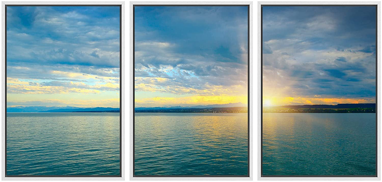 wall26 - 3 Piece Framed Canvas Wall Art - Dawn Above Sea and Blue Sky ...