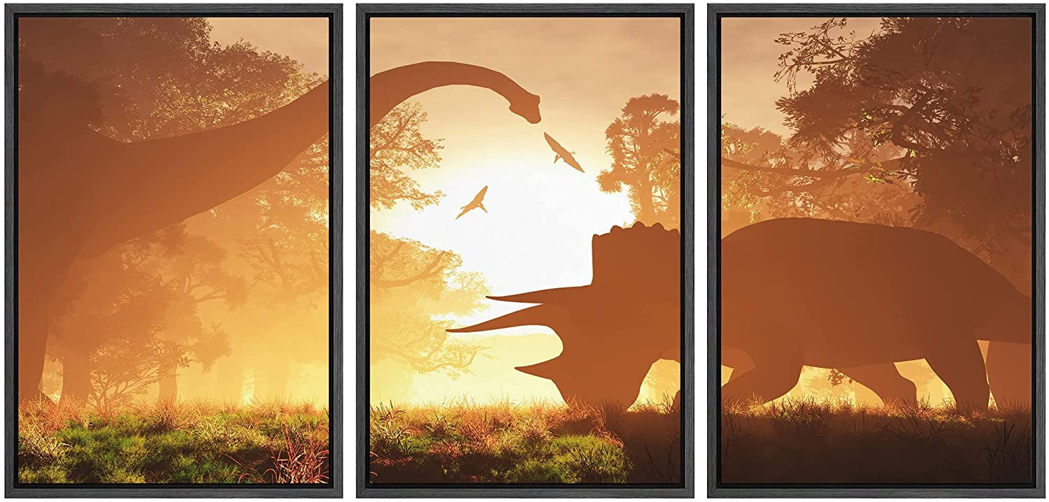 wall26 - 3 Piece Framed Canvas Wall Art - Dinosaurs in Prehistoric ...