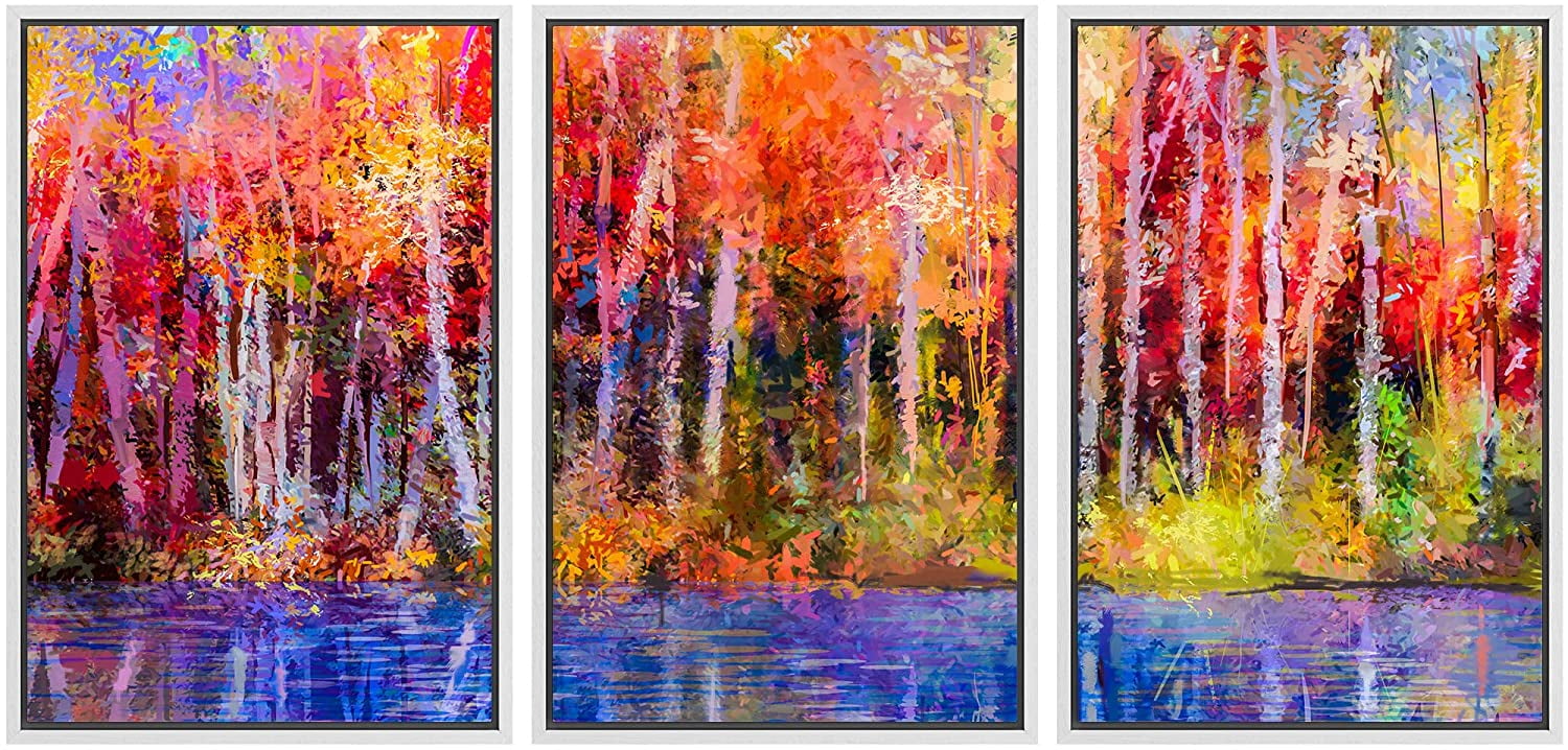 wall26 - 3 Piece Framed Canvas Wall Art - Oil Painting Colorful Autumn ...
