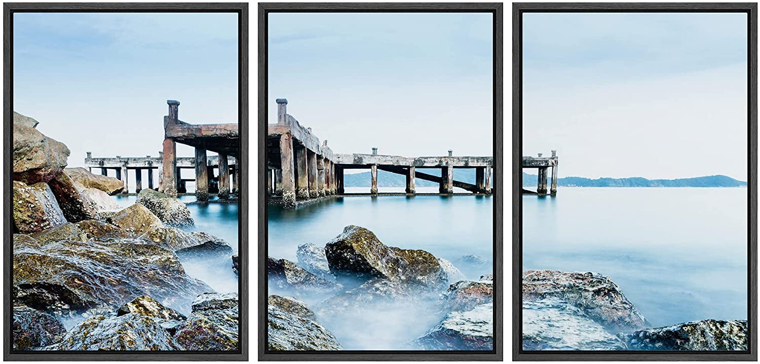 wall26 - 3 Piece Framed Canvas Wall Art - Old Jetty and Rocks - Modern ...
