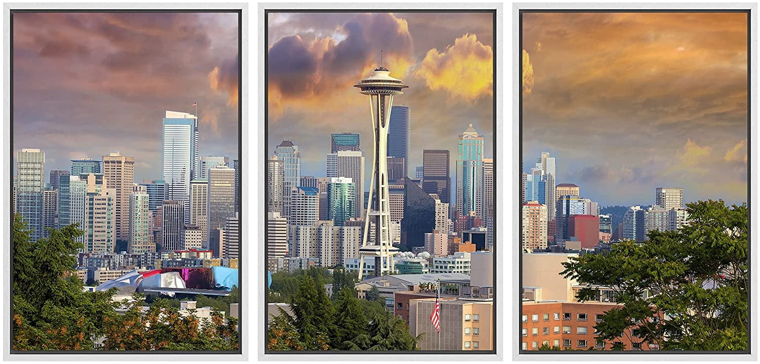 wall26 - 3 Piece Framed Canvas Wall Art - Seattle Washington Cityscape ...