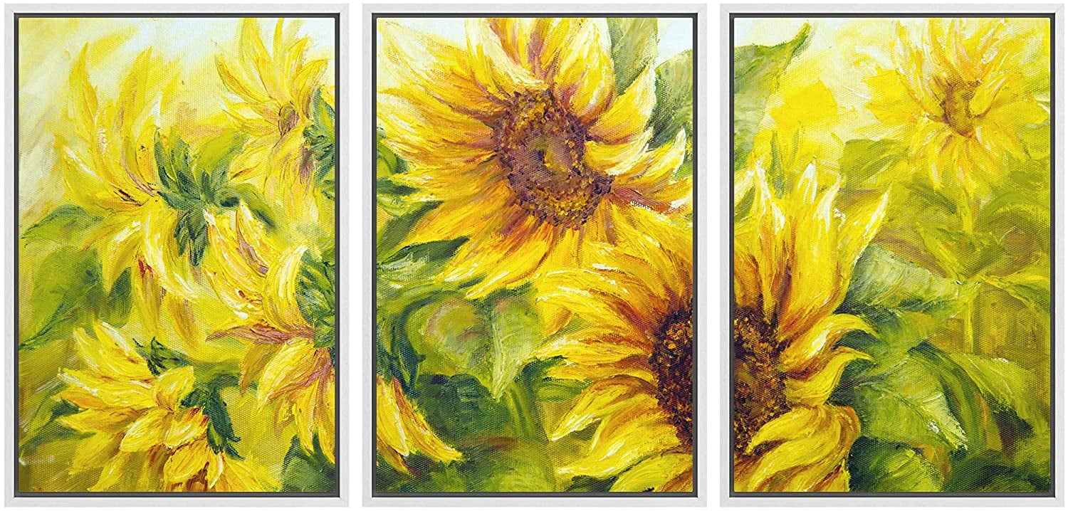 wall26 - 3 Piece Framed Canvas Wall Art - Sunflowers in Oil Painting ...