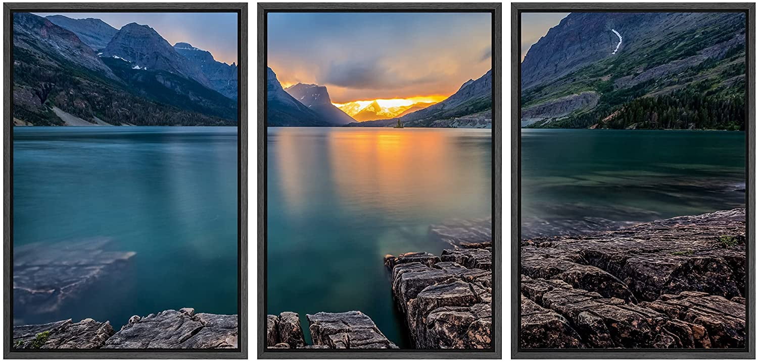 wall26-3 Piece Framed Canvas Wall Art - Sunset at St Mary Lake, Glacier ...