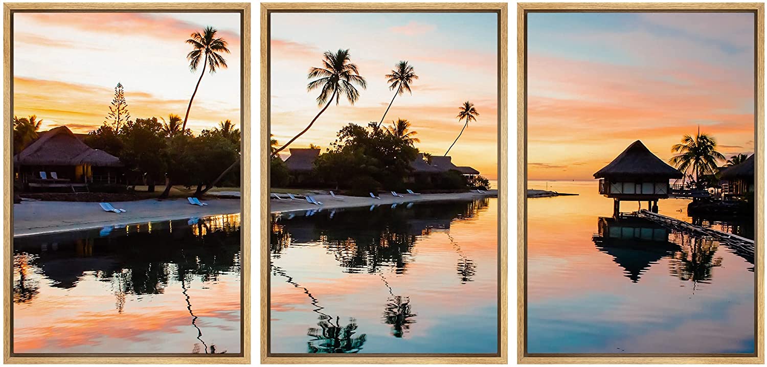 wall26 - 3 Piece Framed Canvas Wall Art - Tropical Sunset at Moorea ...