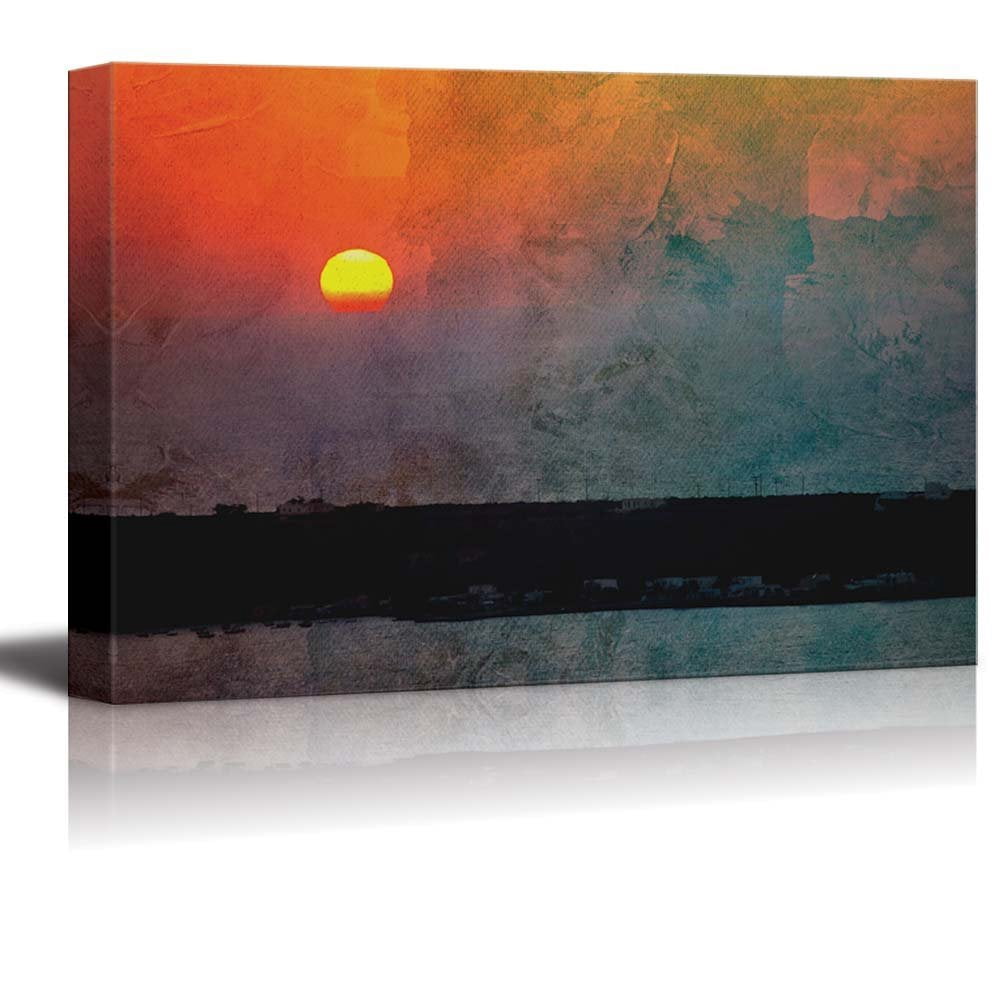 wall26 - A Beautifully Watercolored Painting of a Sunset Above a Town ...