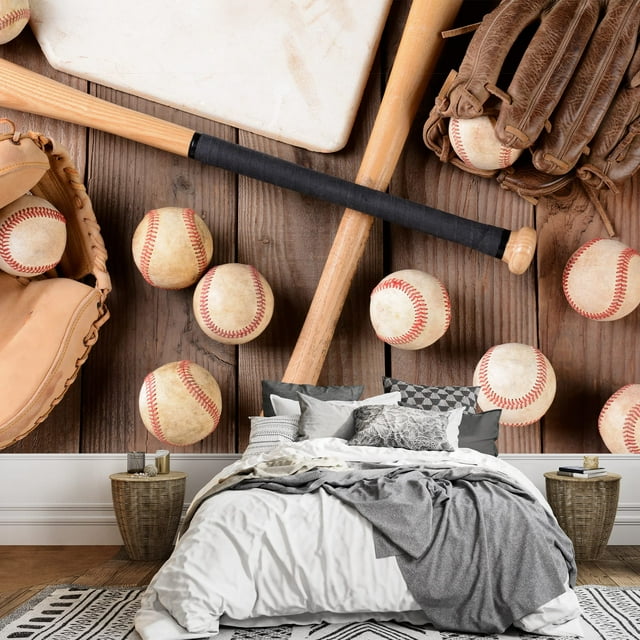 wall26 - Baseball Equipment on a Rustic Wood Surface. Items Include ...