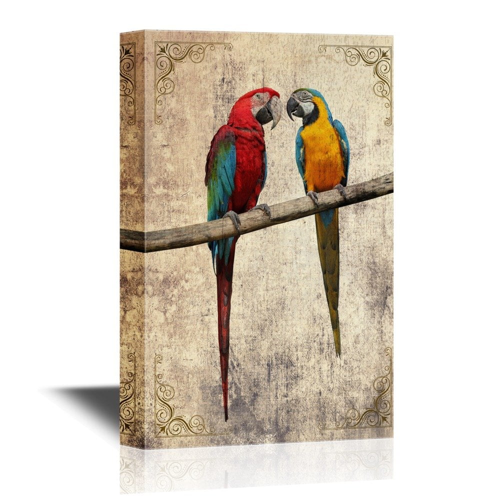 wall26 - Birds and Poultry Canvas Wall Art - Two Colorful Parrots Couple Standing on a Tree ...