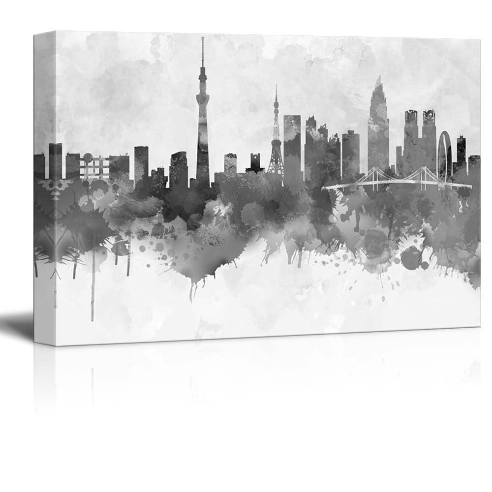 wall26 - Black and White City of Tokyo in Japan with Watercolor ...