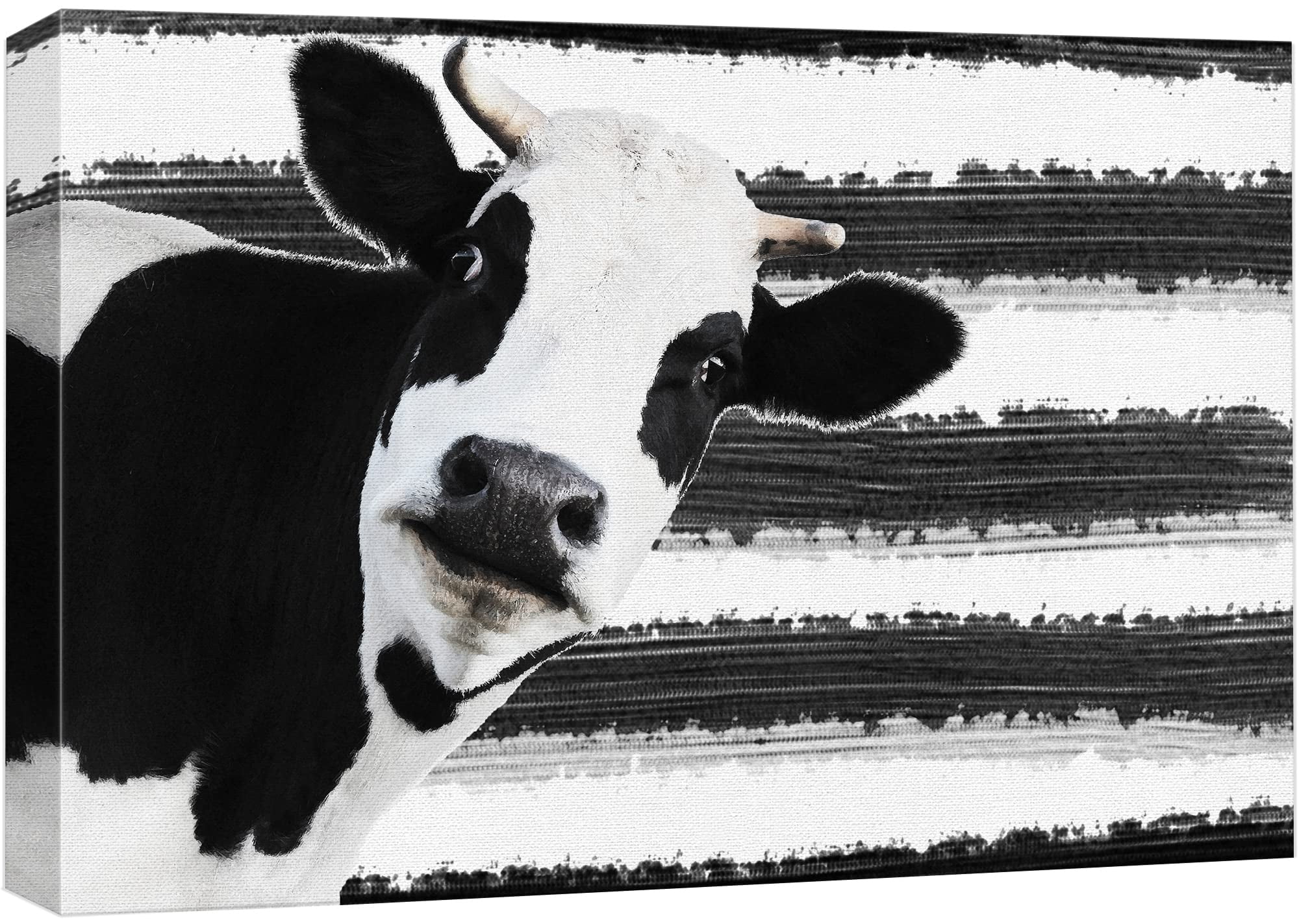 wall26 Canvas Print Wall Art Black & White Cow on Striped Paint ...