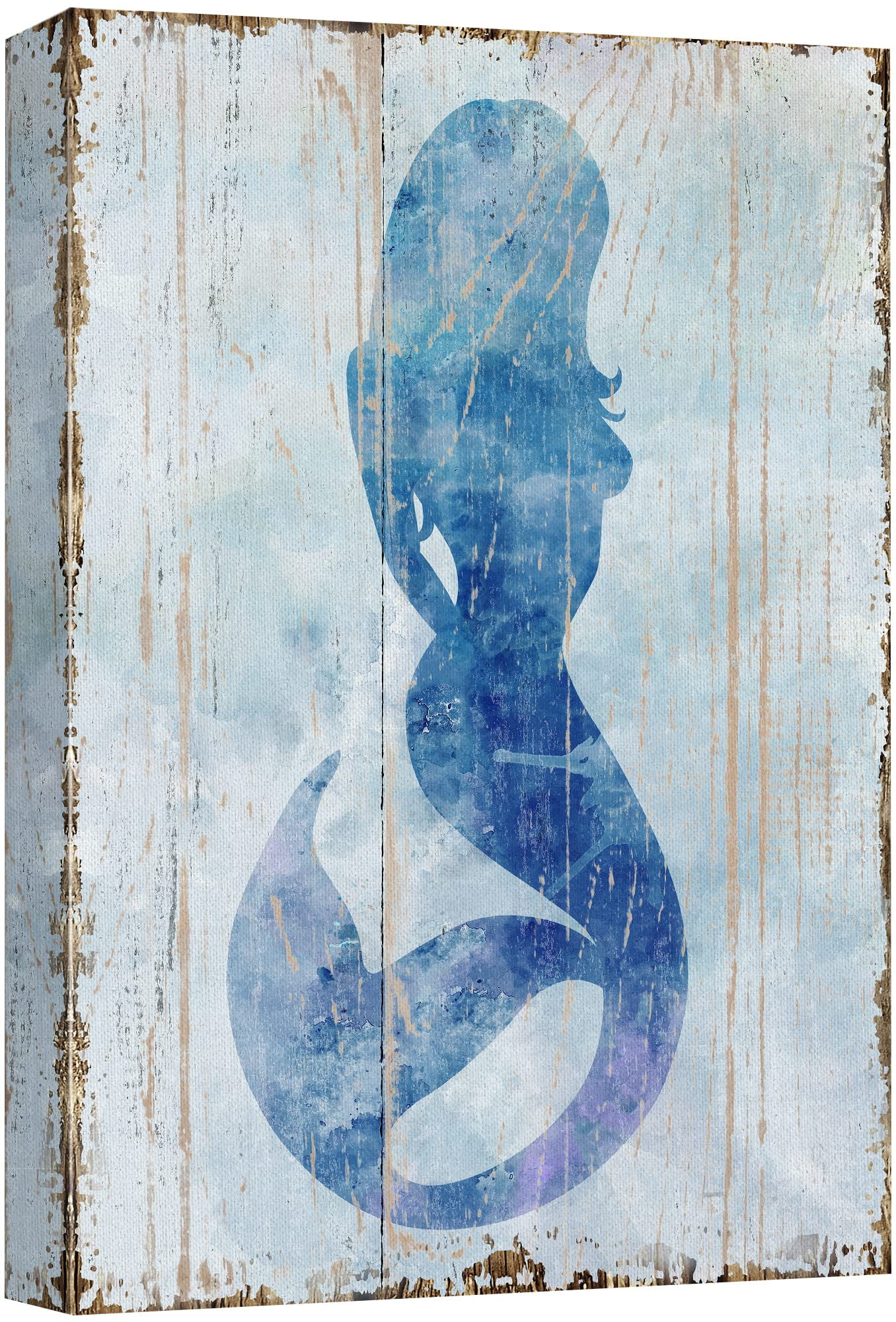 wall26 Canvas Print Wall Art Blue Mermaid Silhouette on Wood Panels ...