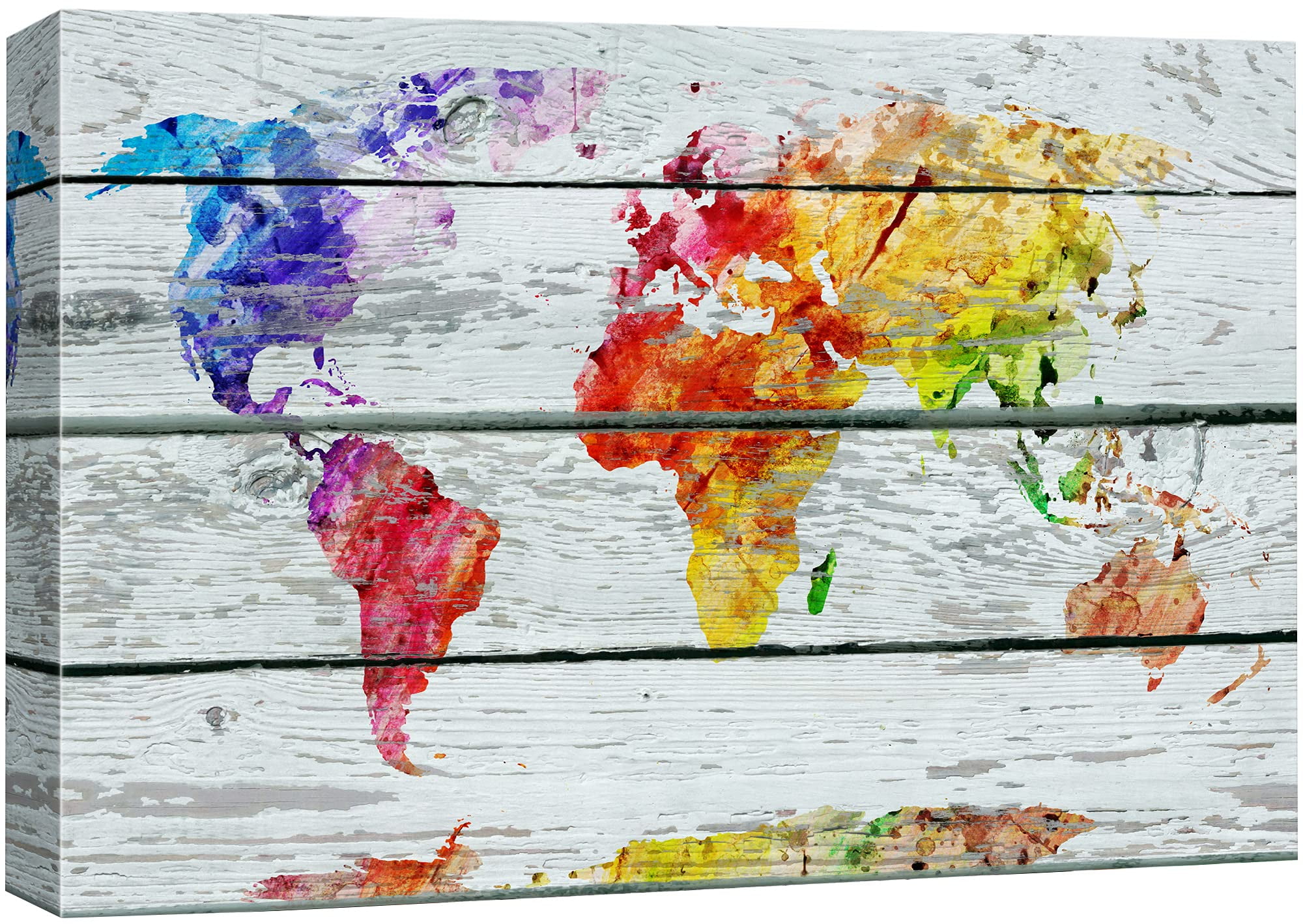 wall26 Canvas Print Wall Art Bright Rainbow World Map on Wood Panels ...