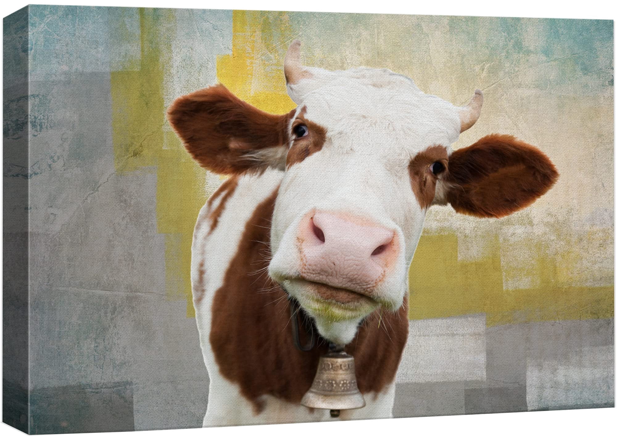 wall26 Canvas Print Wall Art Brown & White Cow Portrait on Color Blocks ...