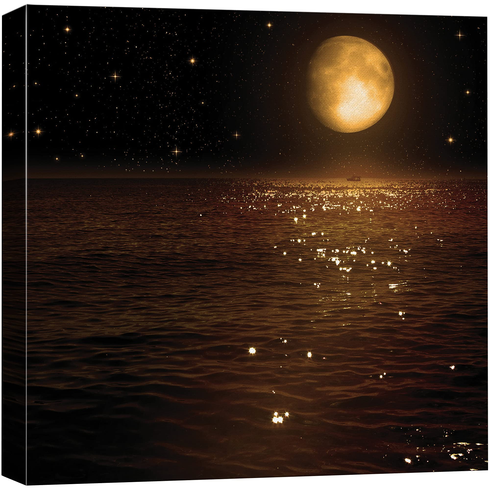 wall26 Canvas Print Wall Art Glimmering Golden Ocean with Moon & Stars ...