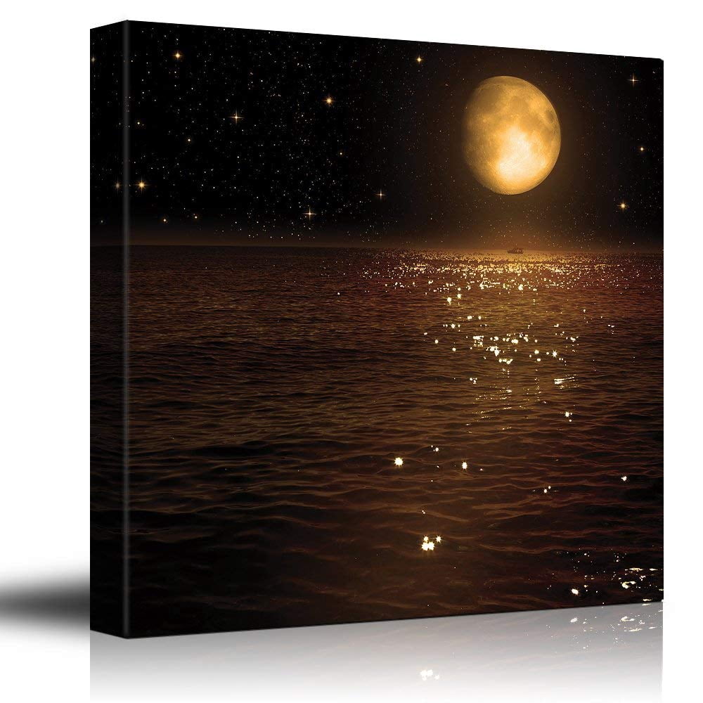 wall26 Canvas Print Wall Art Glimmering Golden Ocean with Moon & Stars ...