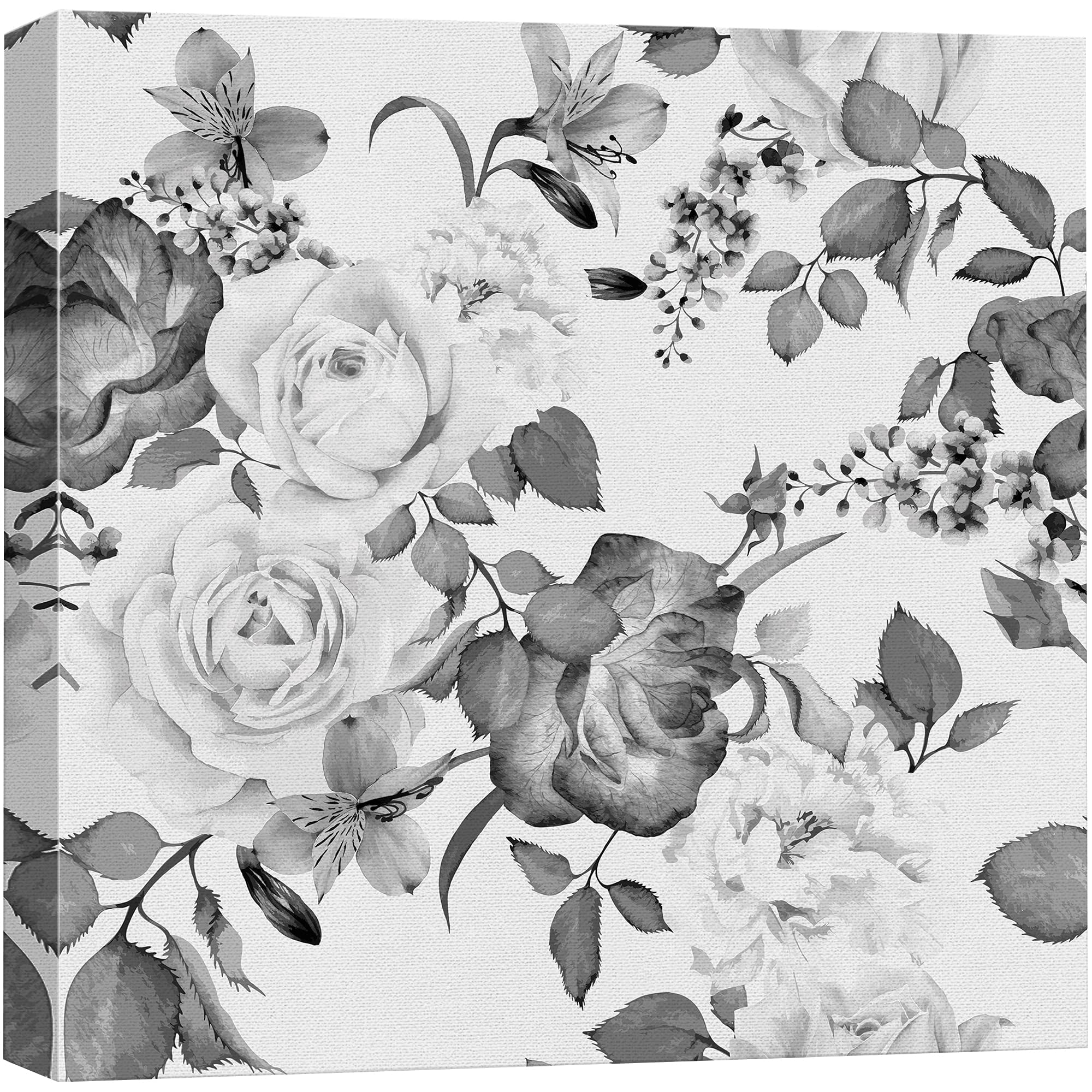wall26 Canvas Print Wall Art Grayscale Watercolor Rose & Leaf Collage ...
