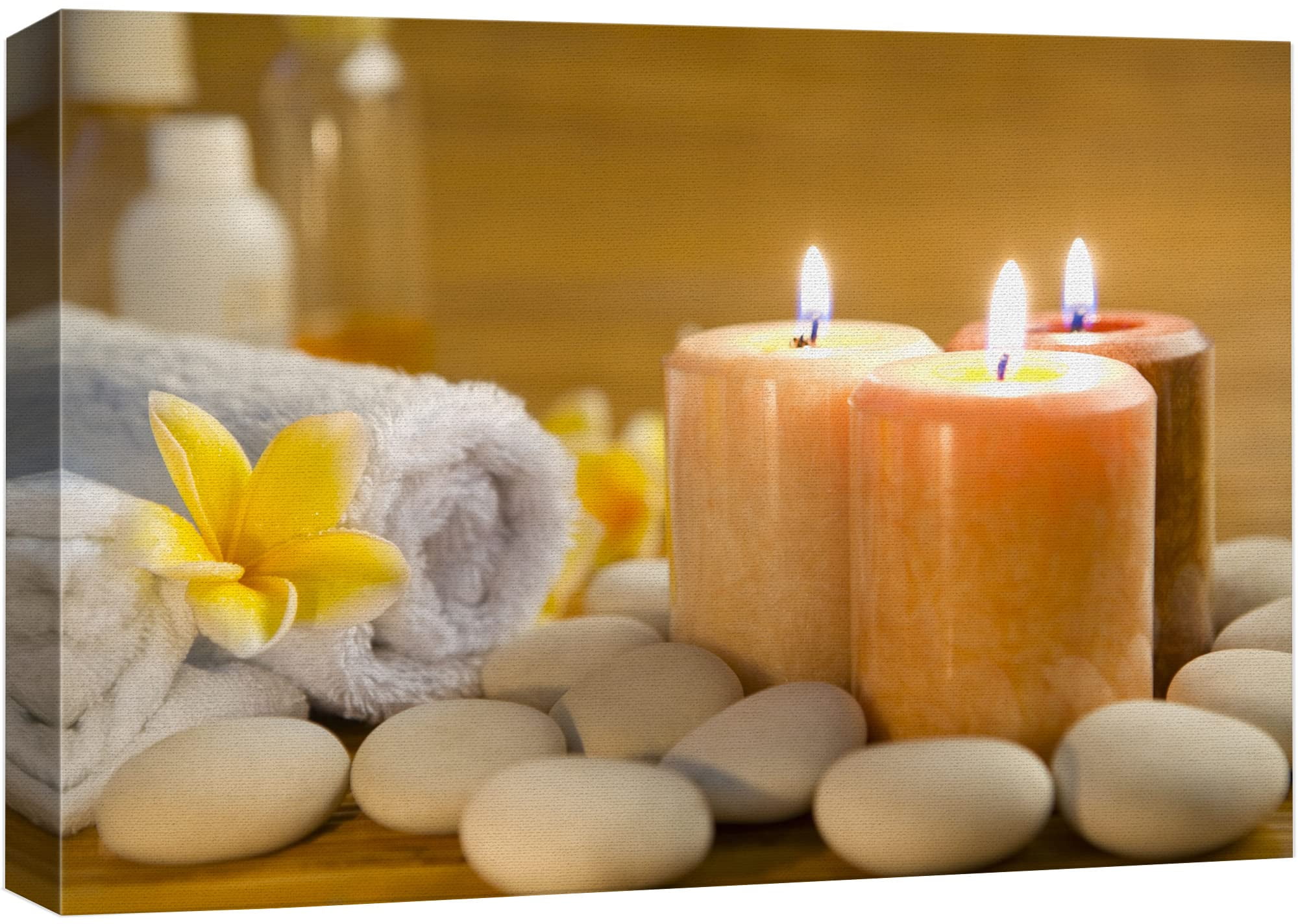wall26 Canvas Print Wall Art Lit Spa Candle Trio with Stones & Yellow ...
