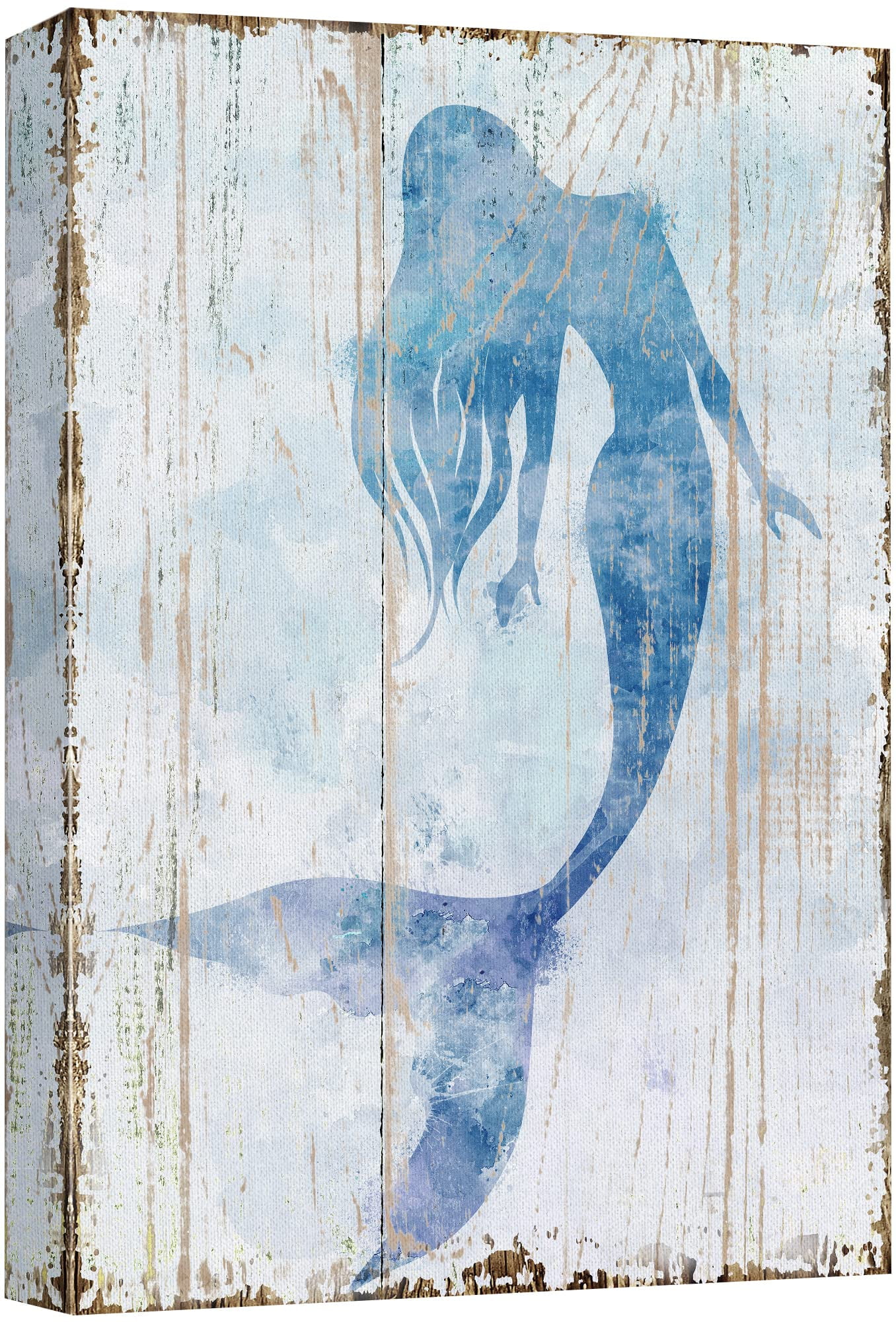 wall26 Canvas Print Wall Art Mermaid Swimming on Watercolor Wood Panels ...