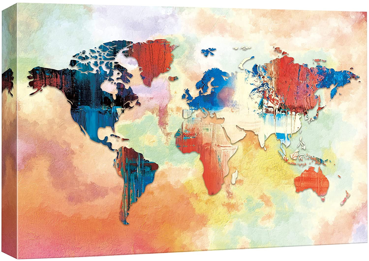 wall26 Canvas Print Wall Art Orange, Yellow & Blue Watercolor World Map ...