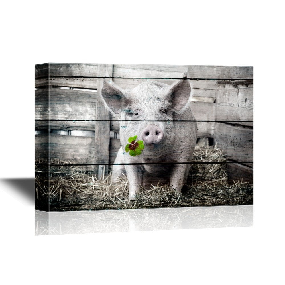 wall26 Canvas Print Wall Art Pig with Lucky Four Leaf Clover in Barn ...