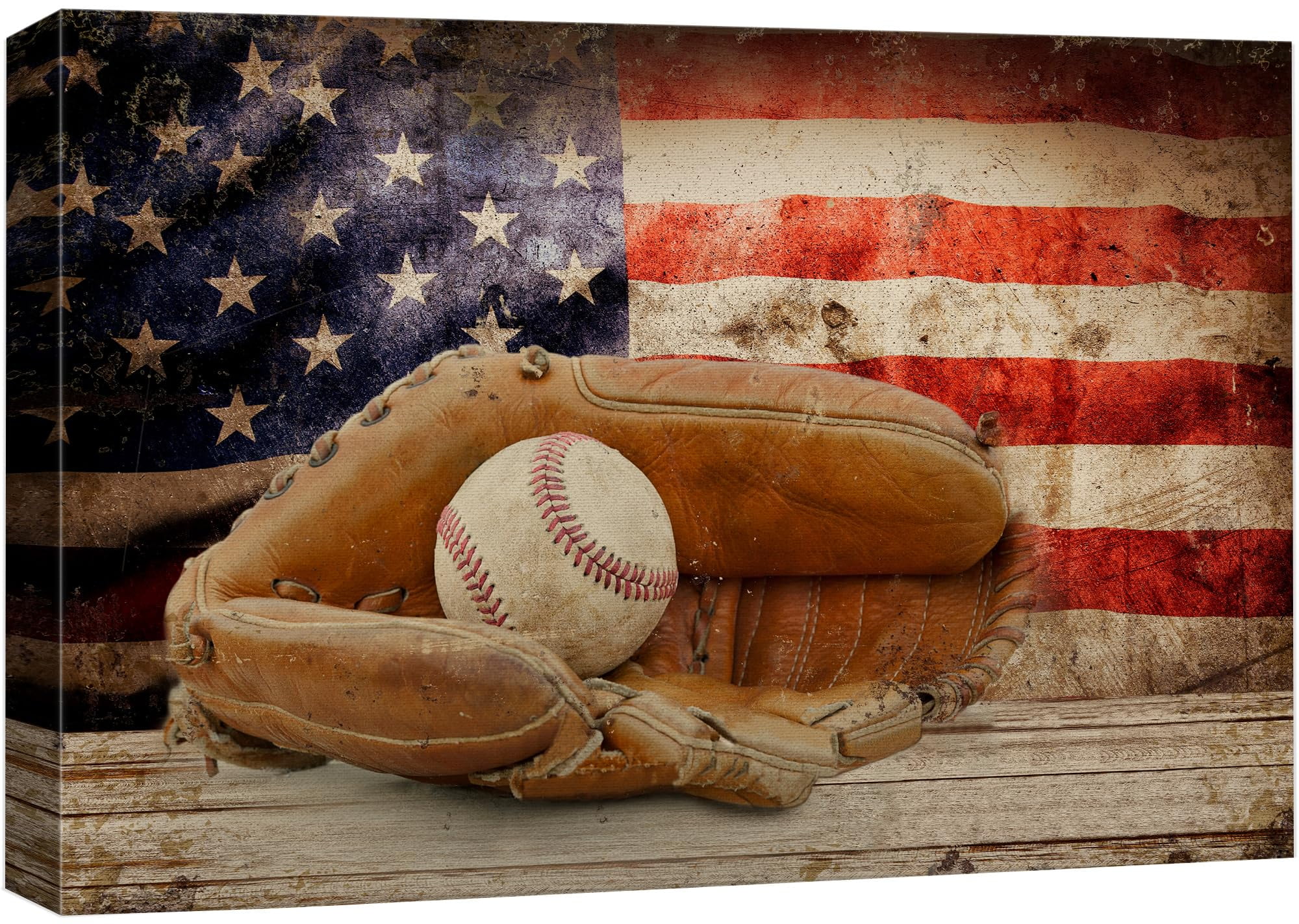 wall26 Canvas Print Wall Art Retro Grunge Baseball & Flag on Wood ...