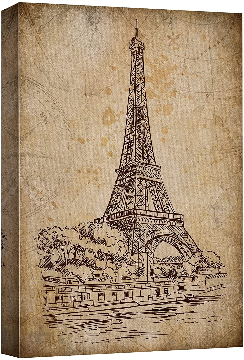 wall26 Canvas Print Wall Art Retro Vintage Eiffel Tower Paris France Architecture & Maps ...
