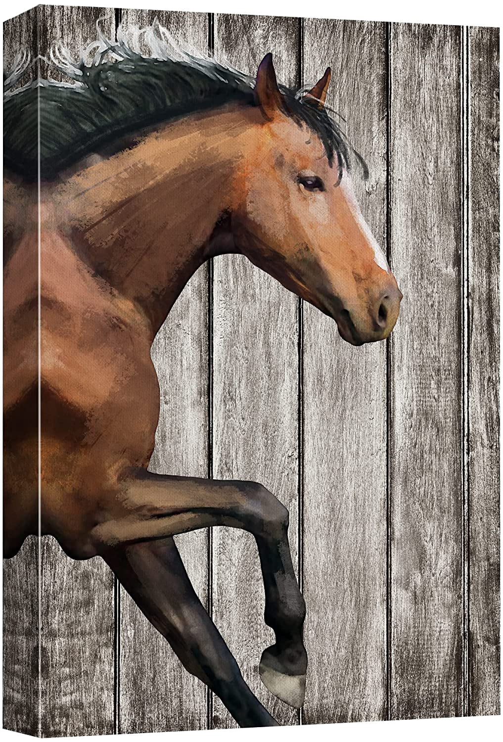 wall26 Canvas Print Wall Art Retro Wood Panel Brown Stallion Horse Nature Animals Digital Art ...