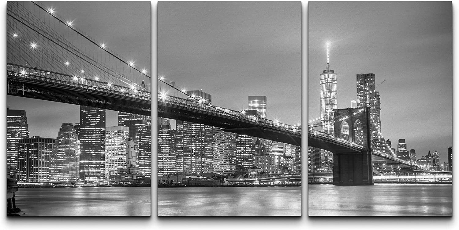 wall26 Canvas Print Wall Art Set Black & White Manhattan Bridge in NYC ...