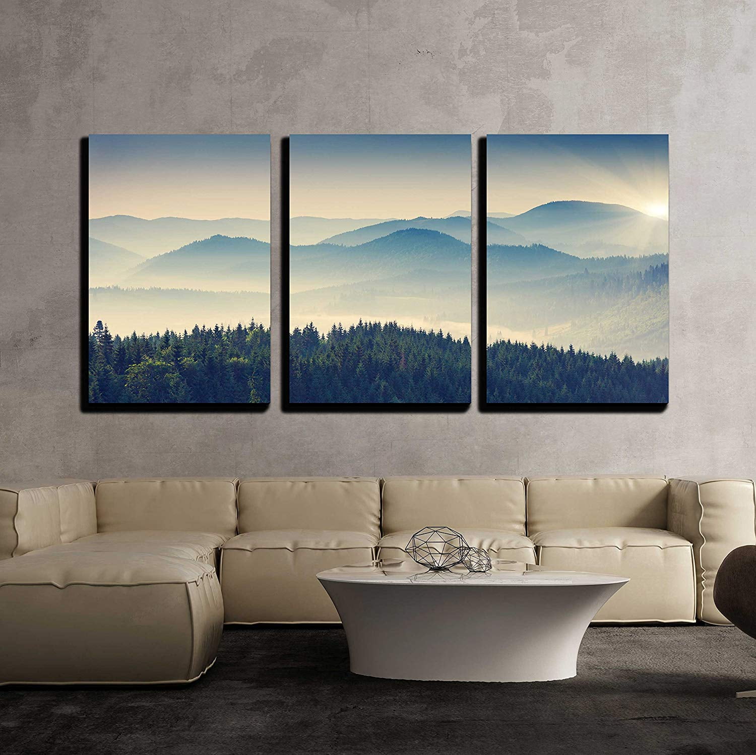 wall26 Canvas Print Wall Art Set Blue Mountain Ranges & Green Forest ...