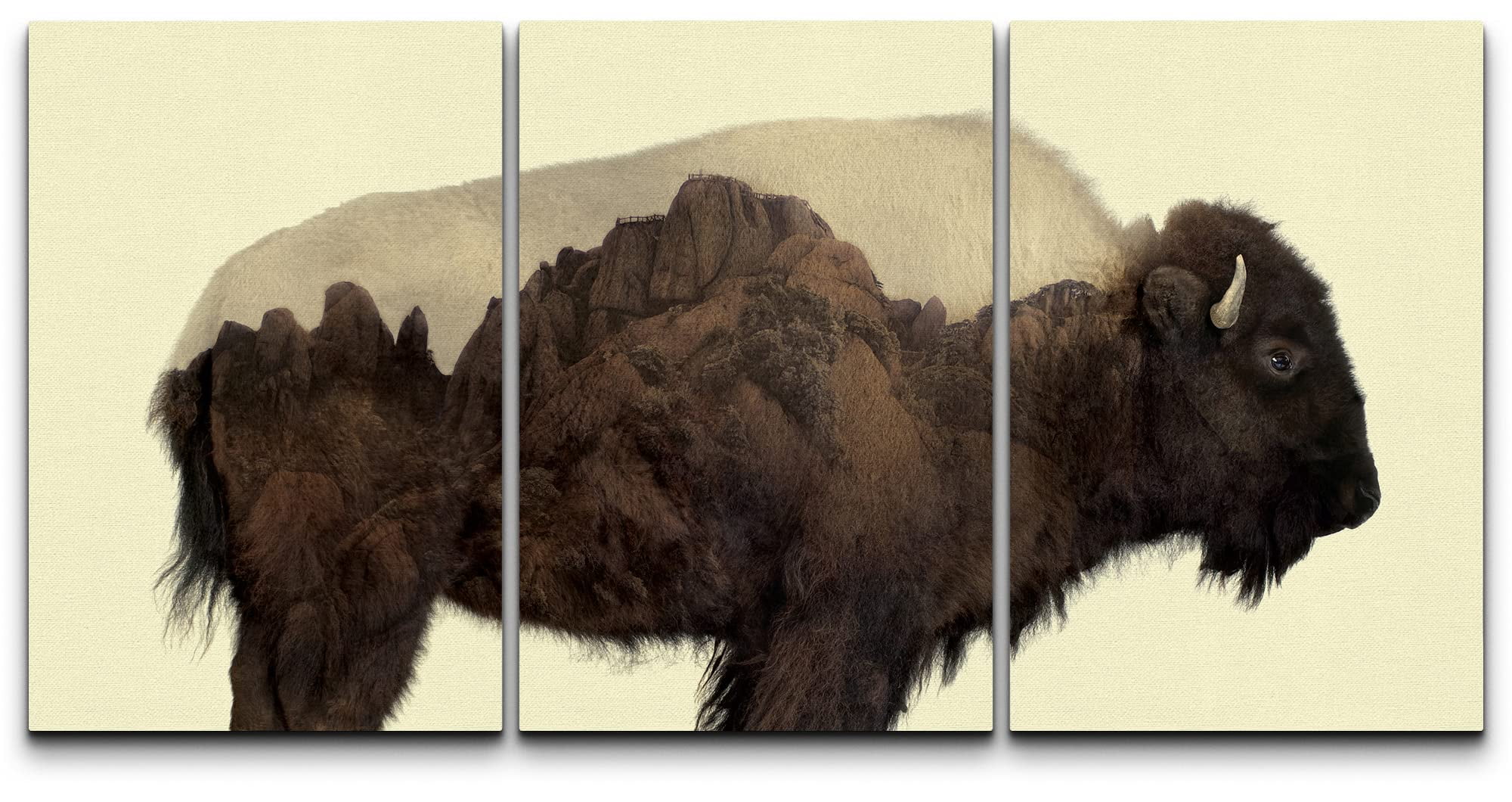 wall26 Canvas Print Wall Art Set Double Exposure Buffalo with Mountains ...