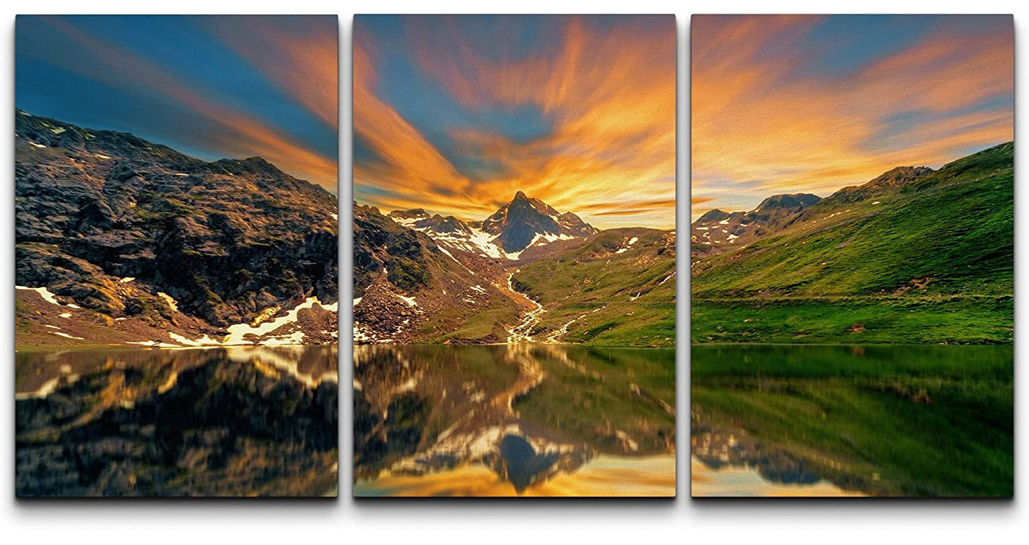 wall26 Canvas Print Wall Art Set Vibrant Mountain Range Sunset Lake ...