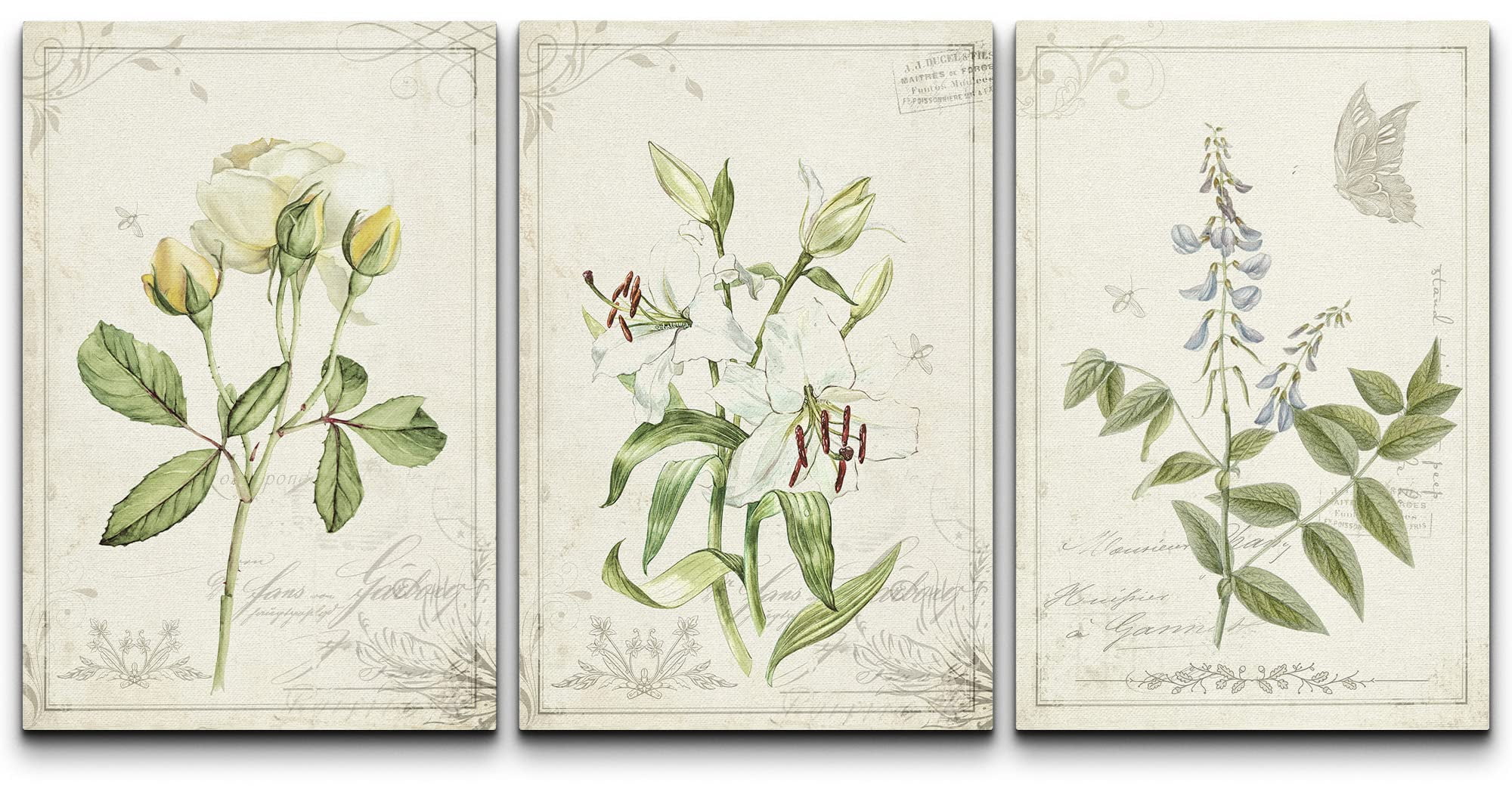 wall26 Canvas Print Wall Art Set Victorian Style White Rose & Lily with ...