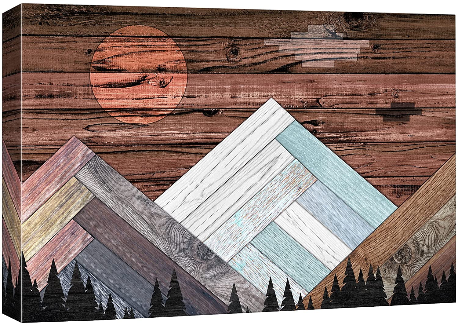 wall26 Canvas Print Wall Art Snowy Mountain & Red Sun on Wooden Style ...