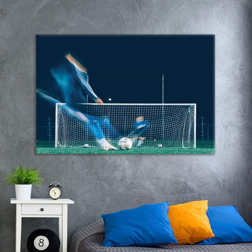 wall26 Canvas Print Wall Art Soccer Player Kicks Ball into Goal Sports ...