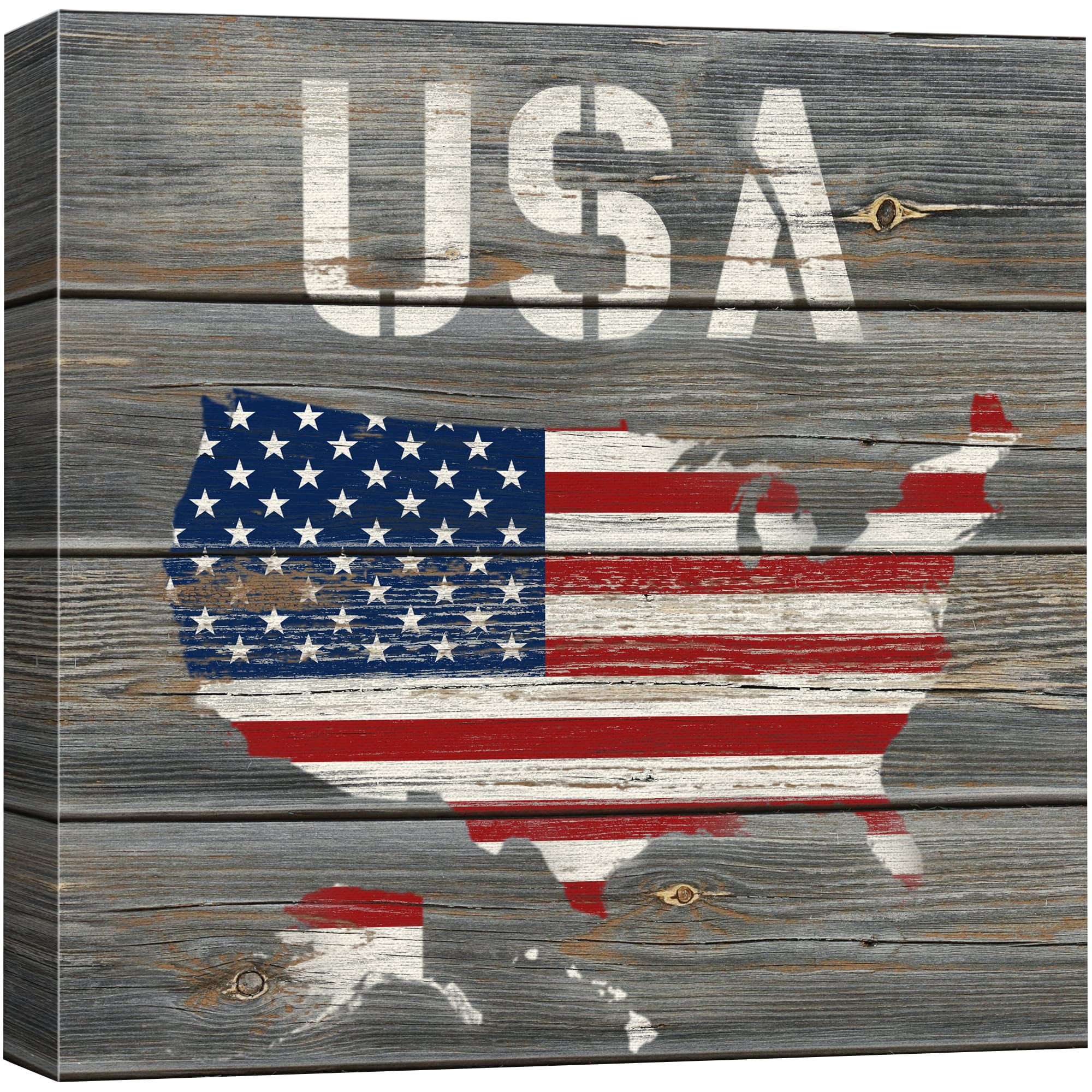 wall26 Canvas Print Wall Art USA Map with Stars & Stripes on Wood ...