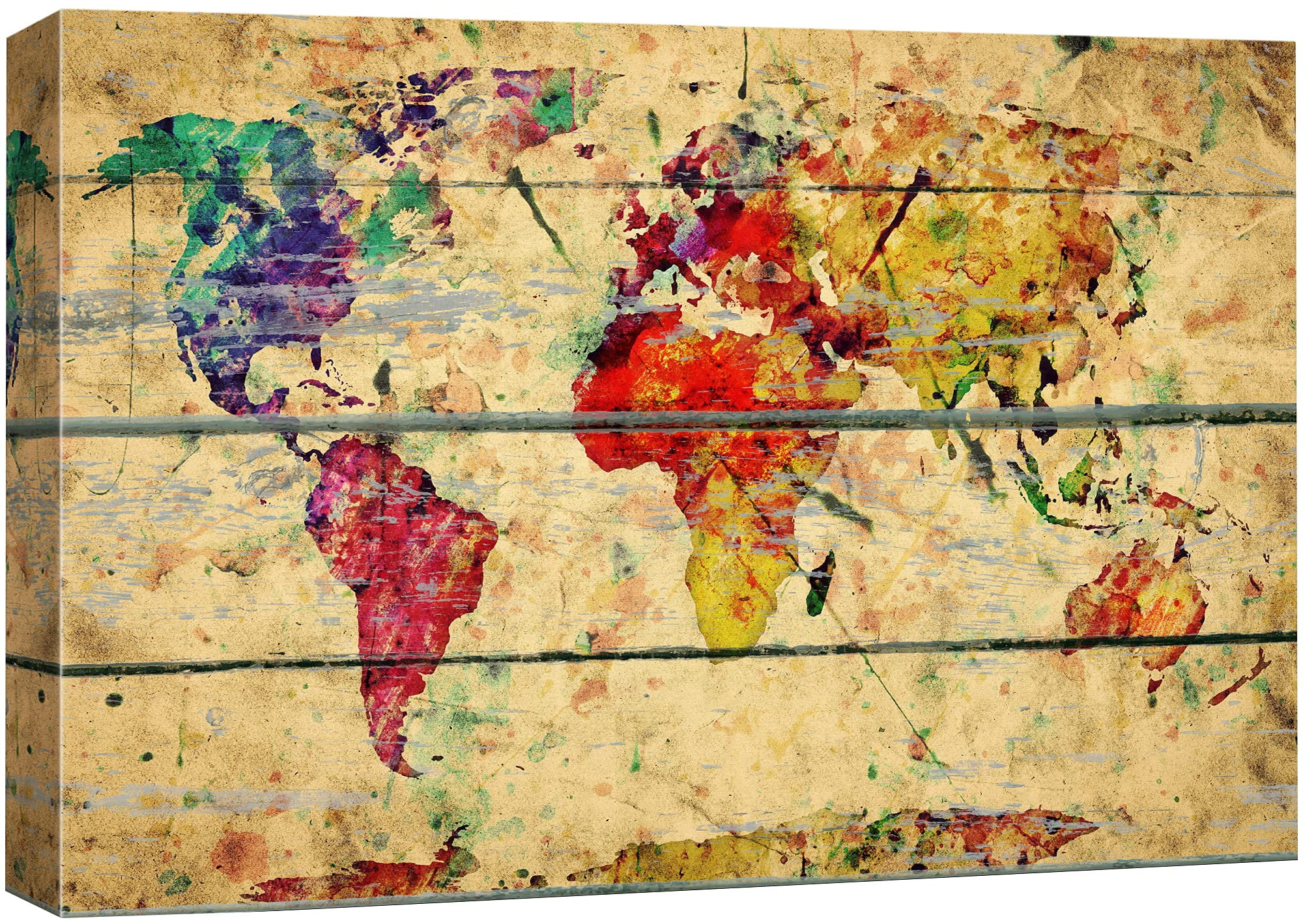 wall26 Canvas Print Wall Art Vibrant Rainbow World Map & Wood Panels ...