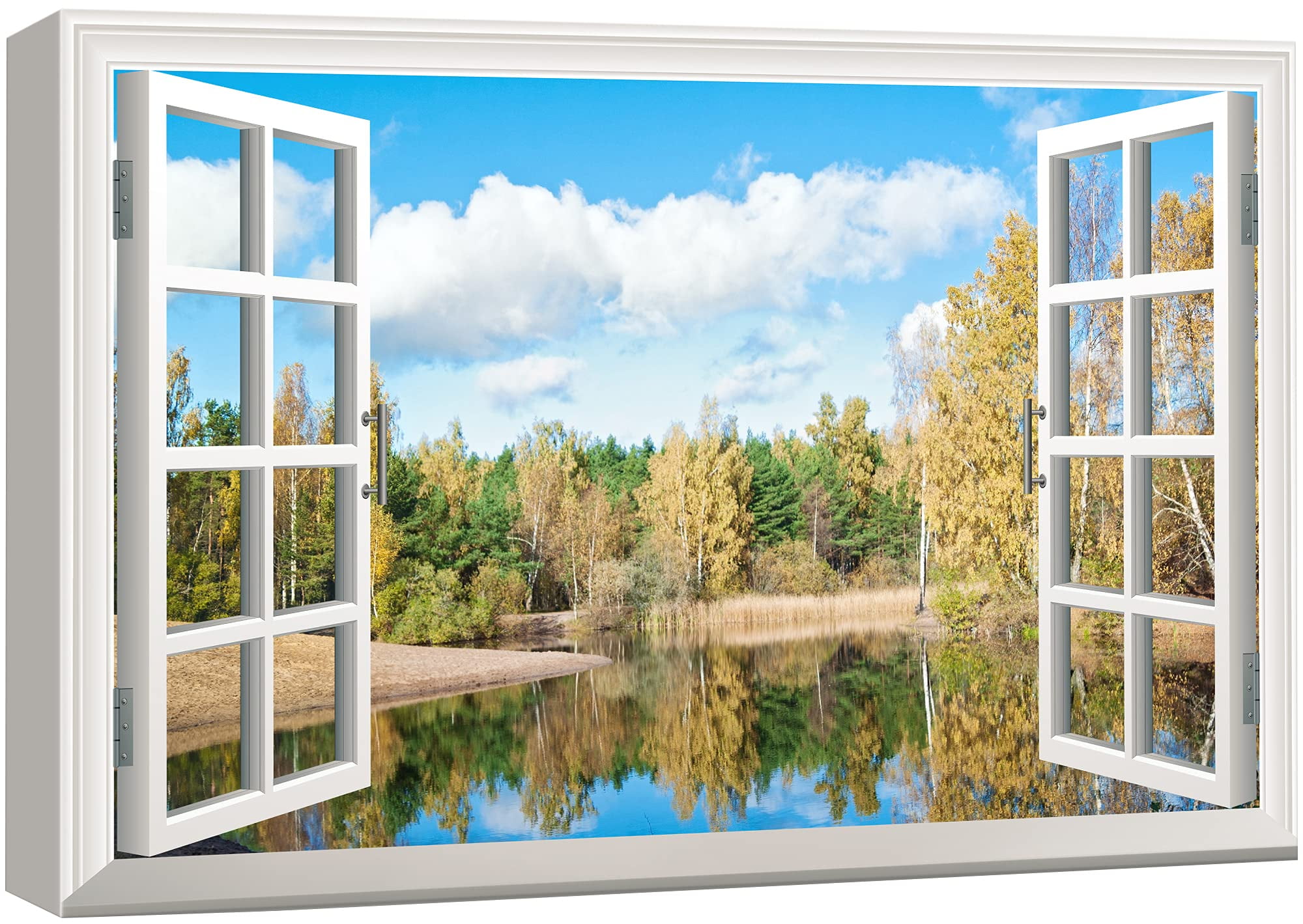 wall26 Canvas Print Wall Art Window View of Autumn Forest & Lake Nature ...