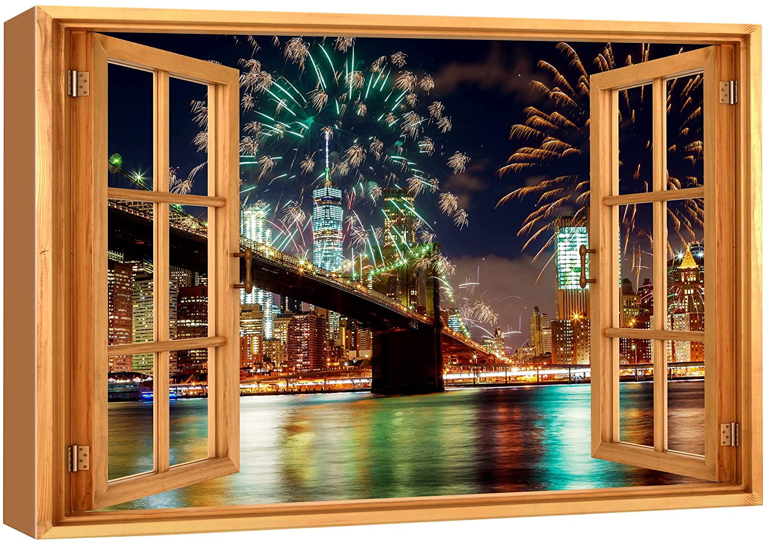 wall26 Canvas Print Wall Art Window View Brooklyn Bridge 4th of July ...