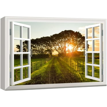 Wall26 Creative Window View Canvas Prints Wall Art - Peaceful Lake in ...