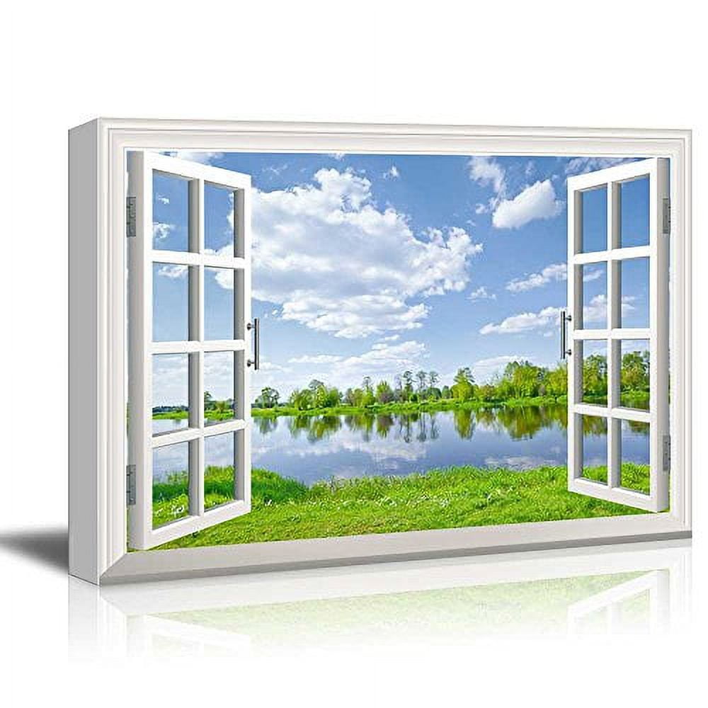 wall26 Canvas Print Wall Art Window View of Forest Lake Reflection ...