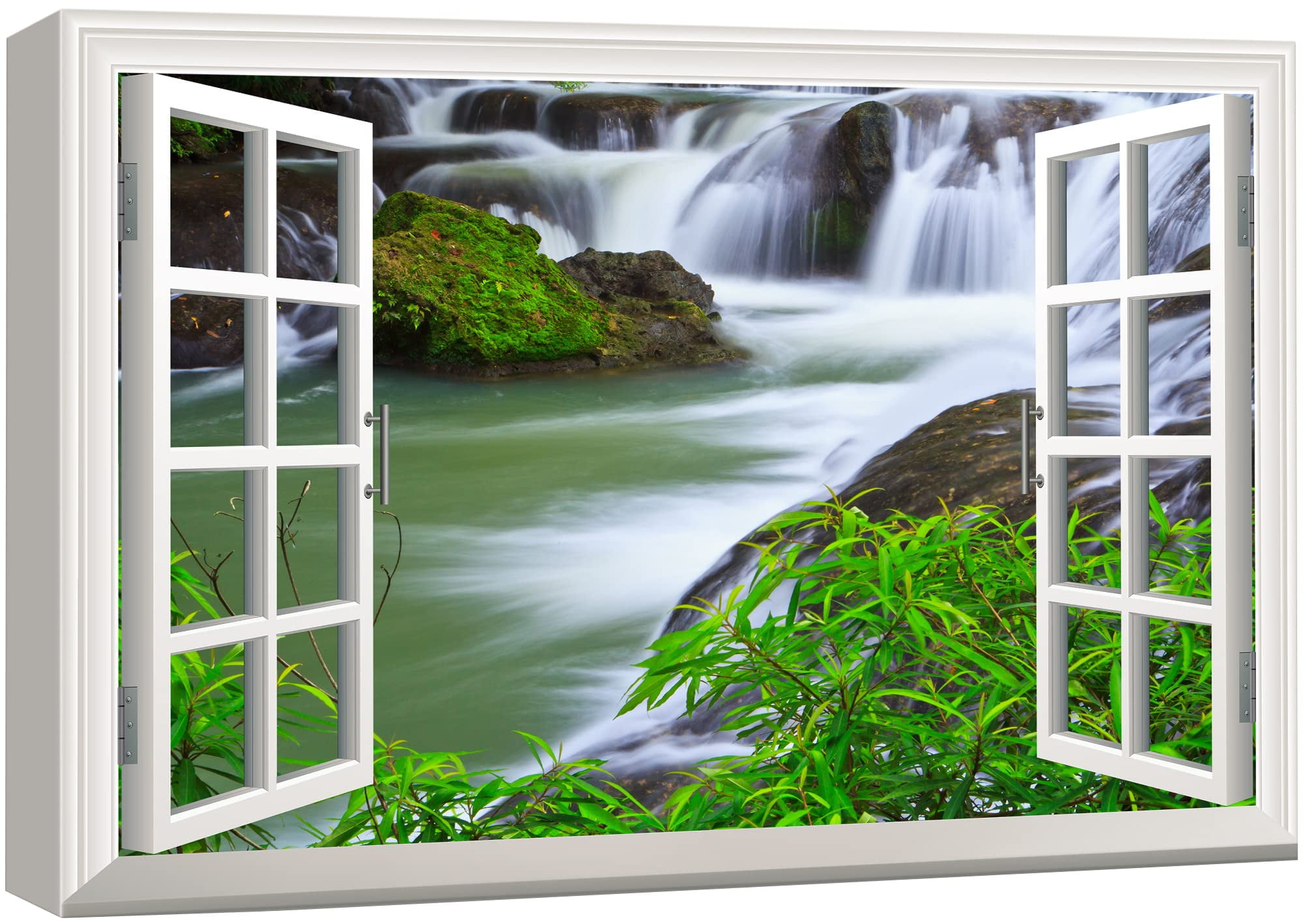 wall26 Canvas Print Wall Art Window View to Forest Waterfall & River ...