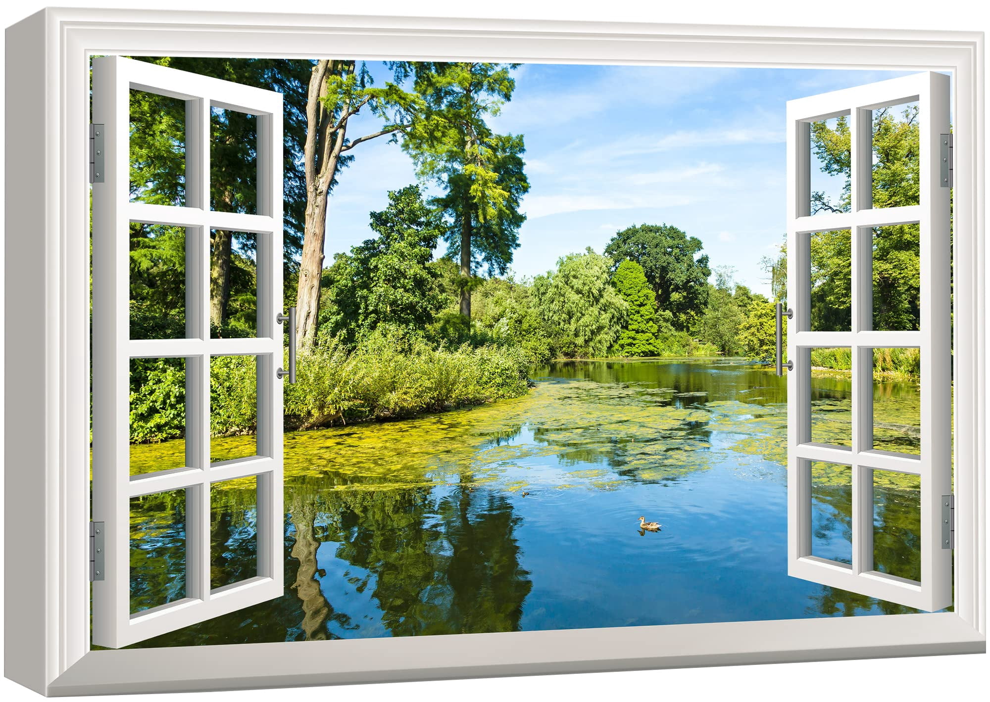 wall26 Canvas Print Wall Art Window View to Green Woodland Lake Nature ...