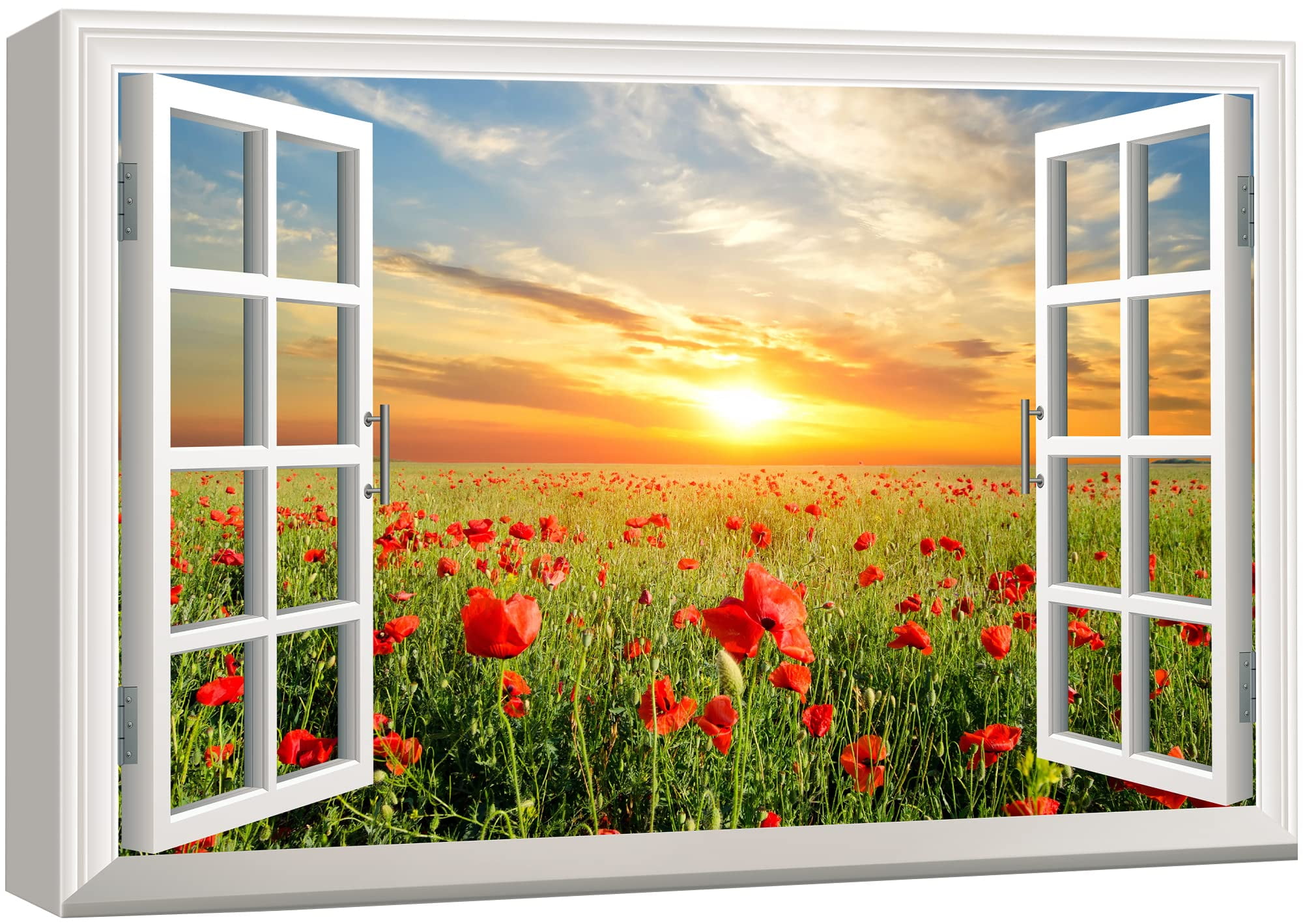 wall26 Canvas Print Wall Art Window View Landscape Sunset Red Poppy ...