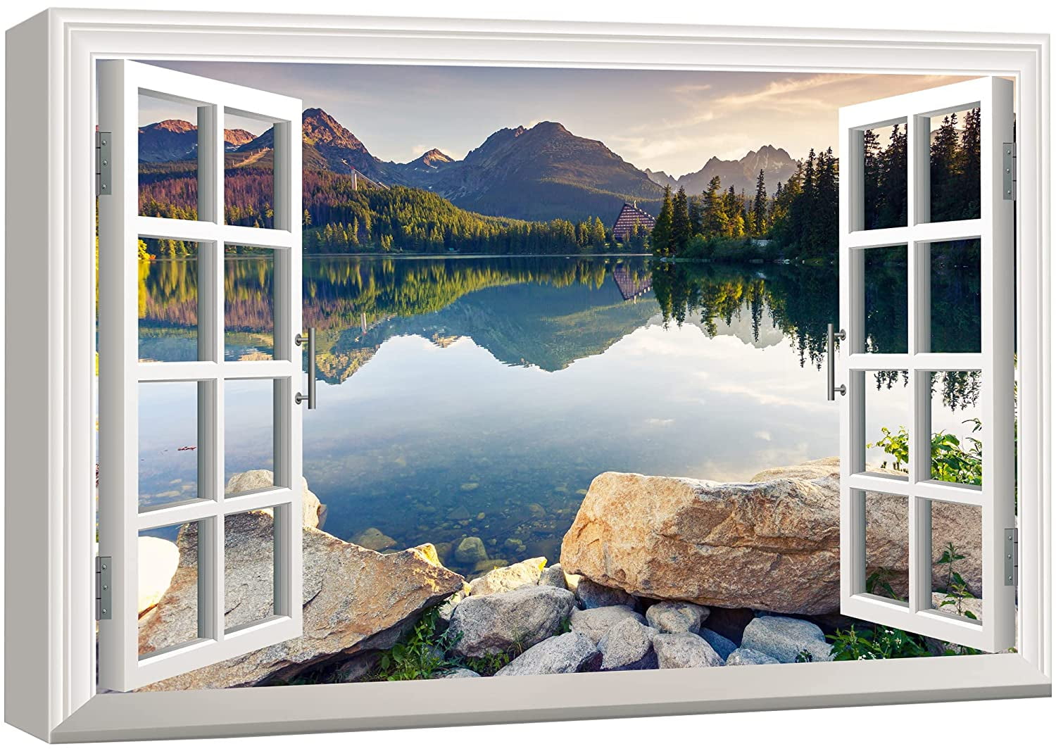 wall26 Canvas Print Wall Art Window View to Mountain Range & Forest ...