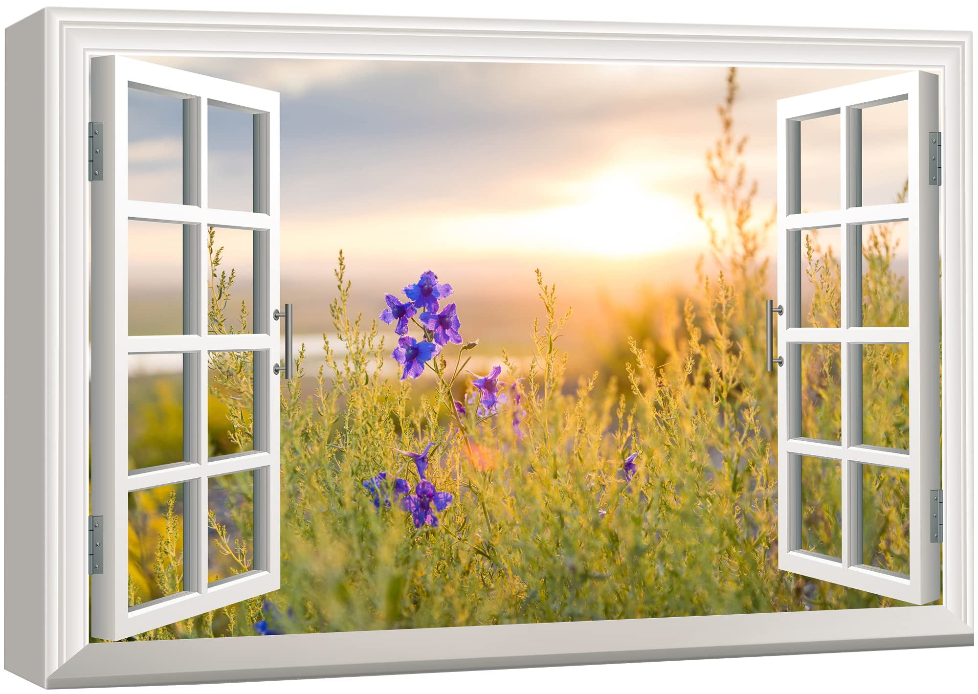 wall26 Canvas Print Wall Art Window View of Purple Flowers at Sunset ...