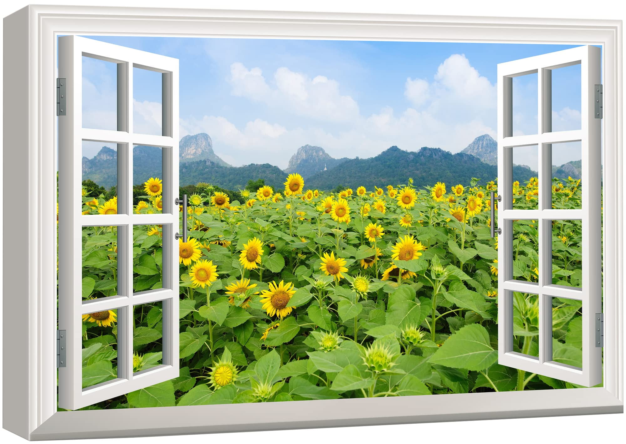 wall26 Canvas Print Wall Art Window View of Sunflowers & Mountains ...