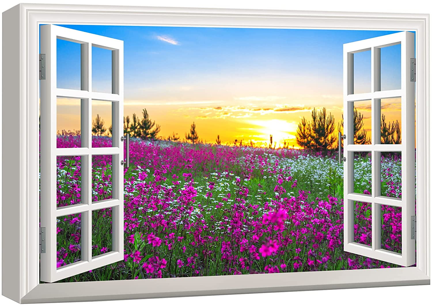 wall26 Canvas Print Wall Art Window View to Sunset Over Pink Flower ...