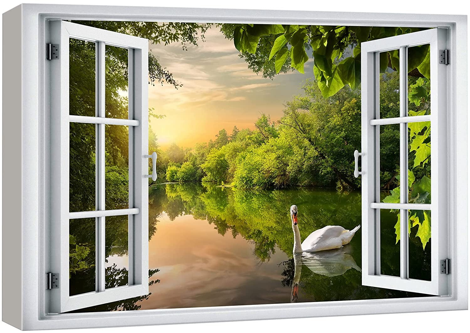 wall26 Canvas Print Wall Art Window View Swan Forest Lake Sunset Sky ...