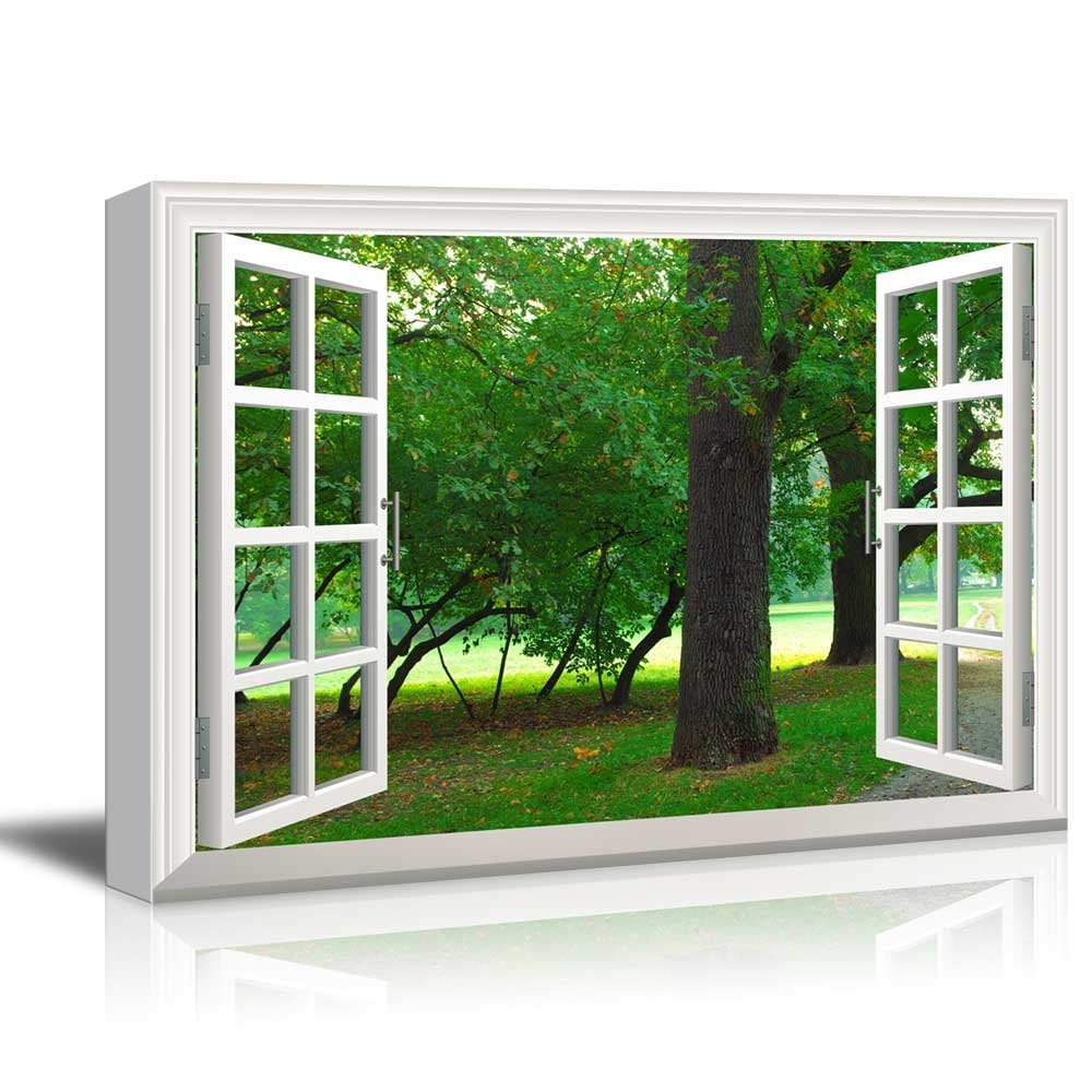 wall26 Canvas Print Wall Art Window View to Trees in Green Forest ...